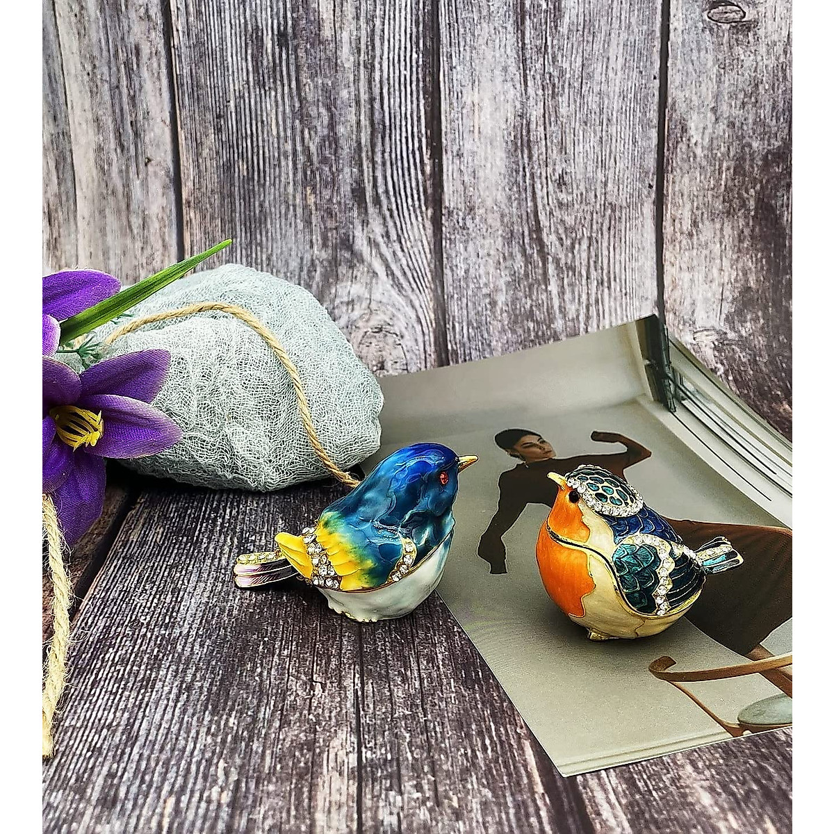 JWT Astyle Blue Mountain Bird Hinged Trinket Box with Crystal Stones .Animal Jewelry Box.Necklace Rings Earrings Storage.Bird Figurines Home Decor ,Collectible Trinket Boxes Gift ., Blue Yellow