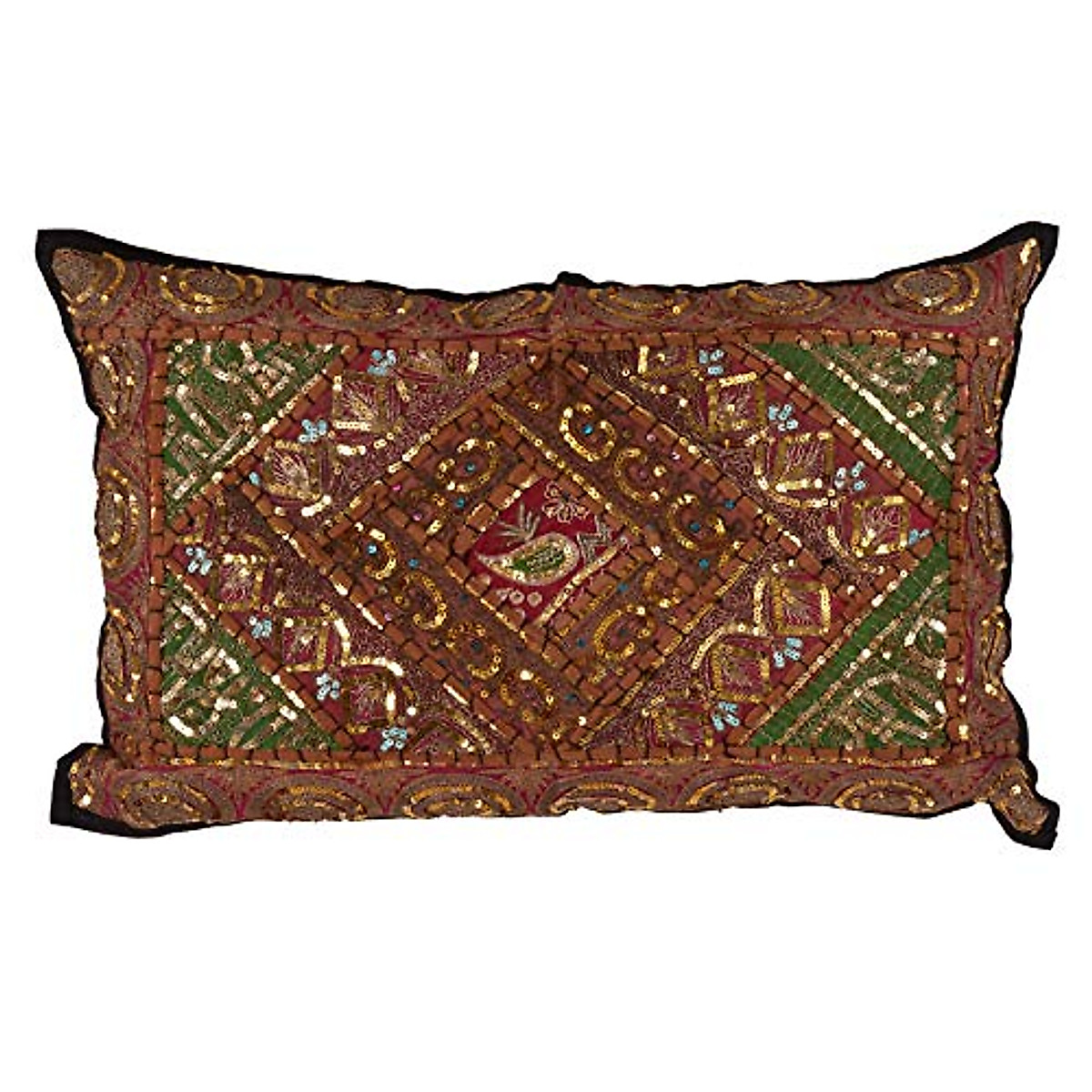 SARO LIFESTYLE Collection Cotton Handmade Sari Sitara Pillow with Down Filling, 14" x 22", Multi