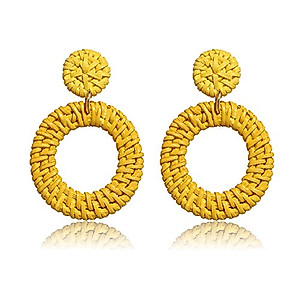 Woven Rattan Earrings Boho Colored Straw Wicker Braid Drop Dangle Earrings Handmade Round Circle Hoop Earrings Statement Stud Earrings For Women