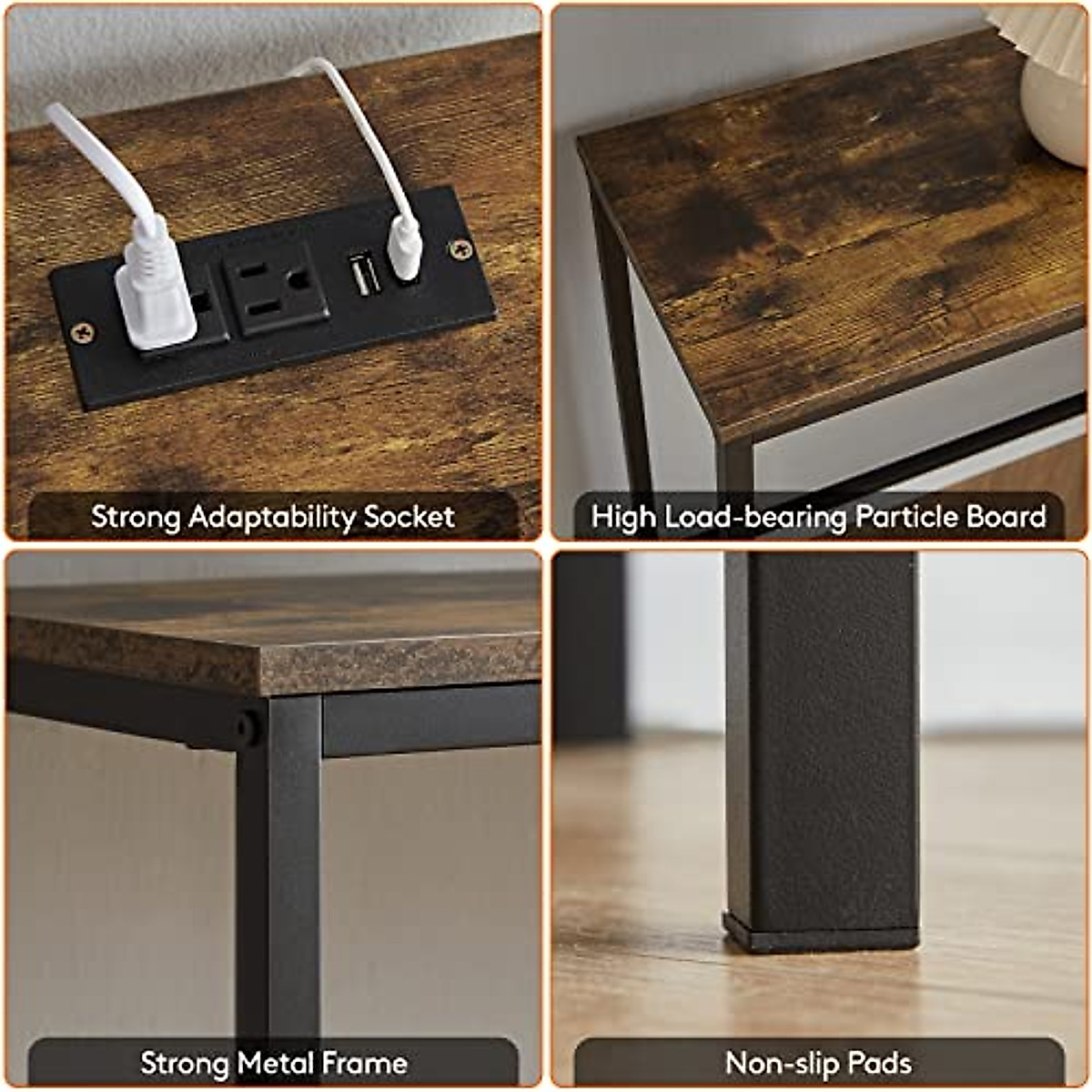 Lifewit 39.4” Console Entryway Table with 2 Power Outlets and 2 USB Ports,Industrial Narrow Sofa Table for Hallway, Living Room,Bedroom,Kitchen, Metal Frame, Rustic Brown, Easy Assembly