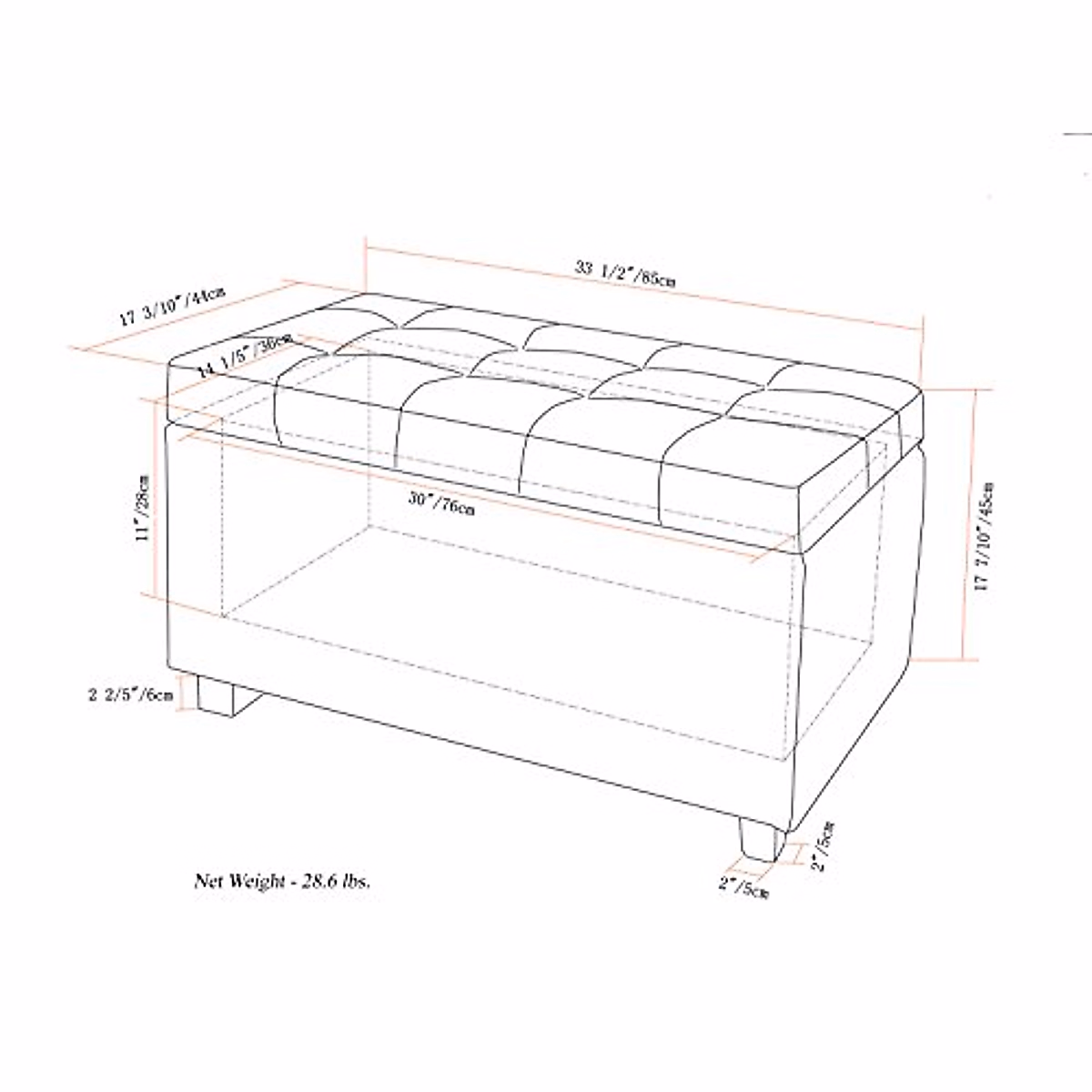 SIMPLIHOME Cosmopolitan 34 Inch Wide Transitional Rectangle Storage Ottoman in Satin Cream Vegan Faux Leather, For the Living Room, Entryway and Family Room