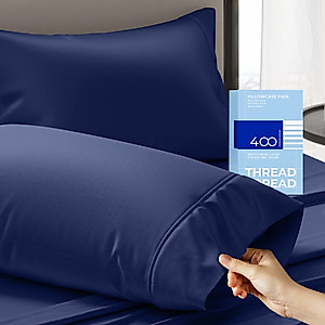 THREAD SPREAD 100% Cotton Pillowcases Standard/Queen Size Set of 2-400 Thread Count Cotton Pillowcases, Ultra Soft Cool Sateen Weave Pillow Cases for Sleeping, Set of 2 Pillow Covers (Navy Blue)