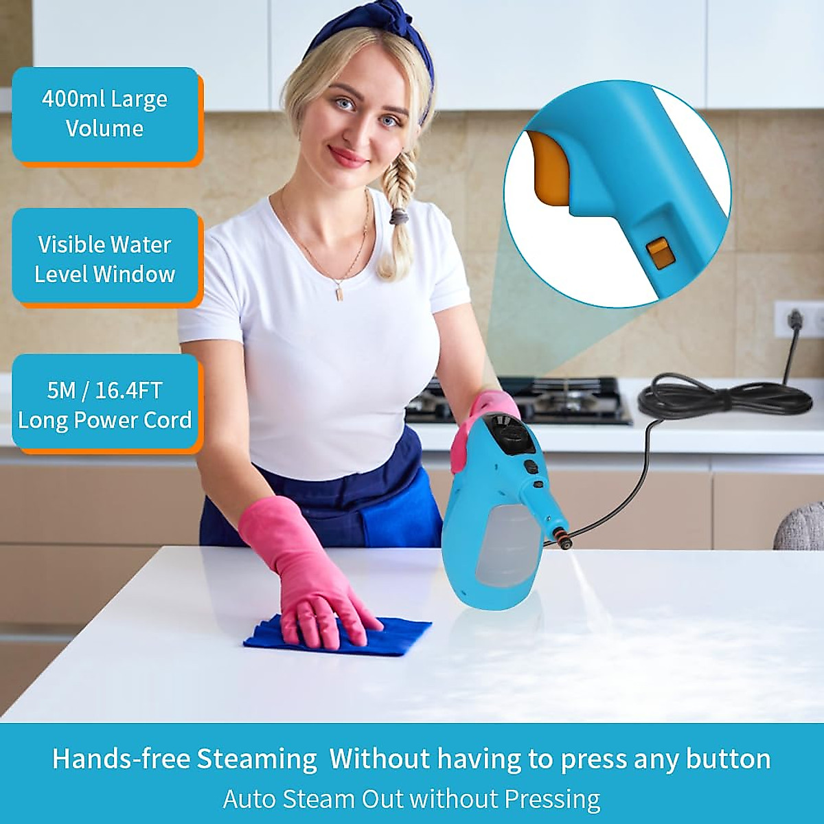 Upholstery Steam Cleaner, Handheld Steamer for Cleaning, Steam Cleaner with Continuous Steam Lock, 120℃ Pressurized Steam for Couch, Furniture, Grout, Tile, Add Water Anytime, Save Time and Effort