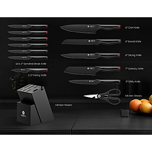ASETY Knife Set, 15 PCS Kitchen knife Set with Bulti-in Sharpener Block, Stainless Steel Knife Block Set, Dishwasher Safe Knives Sets for Kitchen, Black, Elegant Box