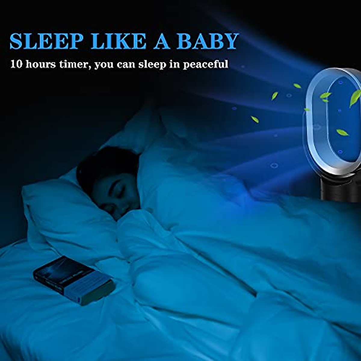 Simple Deluxe Medium size portable bladeless fan, small table fan, 10 speeds settings, 10-hour timing closure bladeless fan, stylish and modern fan, low noise, lightweight,24 inch Black