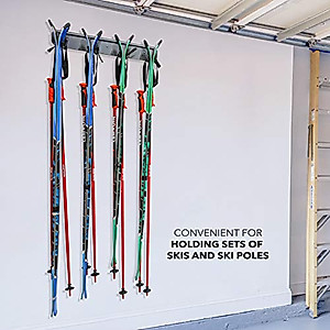 Ski Storage Rack, Wall Mounted, Holds 4 Pairs of Skis & Skiing Poles or Snowboard, for Home and Garage Storage, Wall Mounted, Heavy Duty, Rubber-Coated Hooks,
