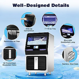 GSEICE Commercial Ice Maker Machine,280lbs/24H with 70lbs Ice Storage Capacity, 20” Air Cooled Undercounter Full Cube Ice Maker, 304 Stainless Steel Smart Control Ice Machine for Home Business Party