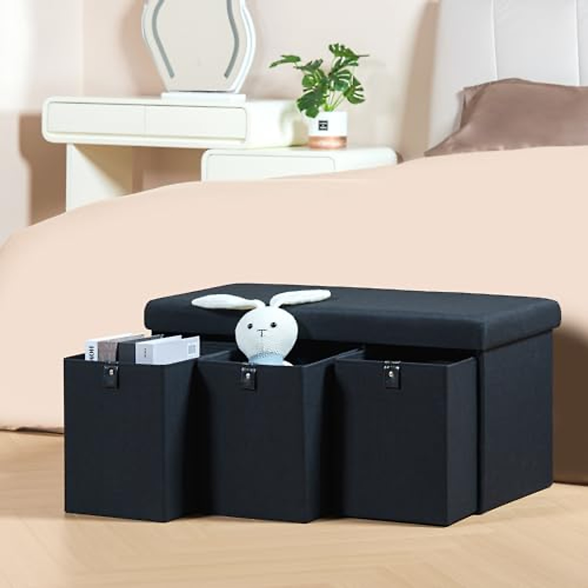 PINPLUS Storage Ottoman Bench with Drawers, 30inches Black Linen Fabric Folding Storage Chest Padded Seat Modern Dressing Stool, Footrest Shoe Bench for Bedroom Bathroom Living Room Entryway Offices