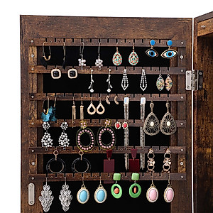 Jewelry Organizer Jewelry Cabinet Standing Jewelry Box with Full Body Mirror and Large Storage Lockable Wooden Cabinet Hung on The Door Or Wall (Antique Walnut)