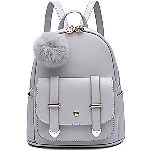 I IHAYNER Girls Fashion Backpack Mini Backpack Purse for Women Teenage Girls Purses PU Leather Pompom Backpack Shoulder Bag Grey