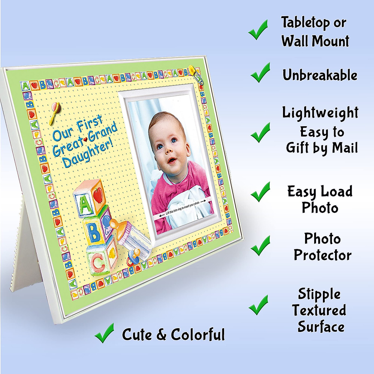 Our First Great Granddaughter Picture Frame | New Great Grandparent Gifts | Baby Announcement Frame | Photo Frame Measures 8.25 in x 7 | Holds a 3.5 x 5 Photo | Front-Load Photo Design |Easy to Mail