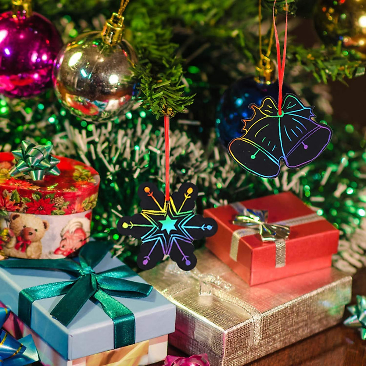 ACEHOOD 48 Sets Christmas Rainbow Scratch Paper Ornaments Kids Art Craft DIY Xmas Ornaments Christmas Party Decorations for Kids