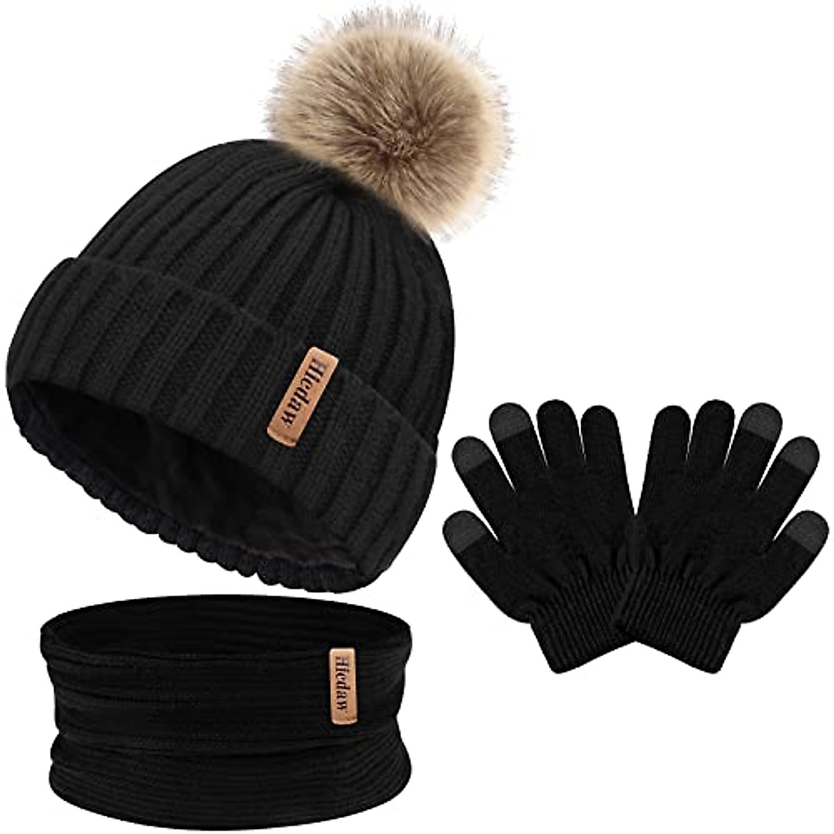 Hicdaw Kids Winter Hats Gloves Scarf Set Warm Knitted Touchscreen Gloves Toddlers Baby Beanie Hat with Fur Poms for Boy Girl, Black
