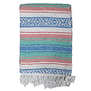 Open Road Goods Light Teal and Coral Mexican Blanket - Authentic Mexican Flasa - Great Yoga Blanket, Beach Blanket, Picnic Blanket, or Mexican Throw! Handwoven