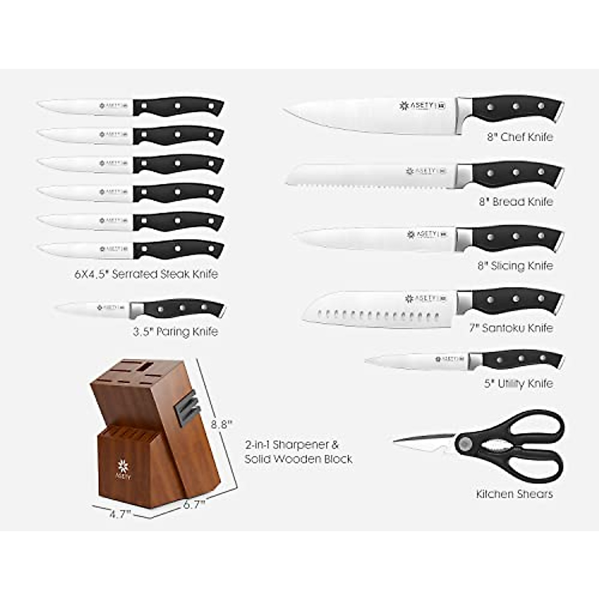 ASETY Kitchen Knife Set with Block, NSF Certified 15 PCS Professional Chef Knife Set with Knife Sharpener, German Stainless Steel Full Tang Knife Block Set, Gift for Men I Women