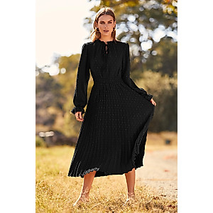 PRETTYGARDEN Women's 2024 Fall Midi Dress Casual Long Sleeve V Neck Swiss Dot Pleated A Line Flowy Dresses (Black,Medium)