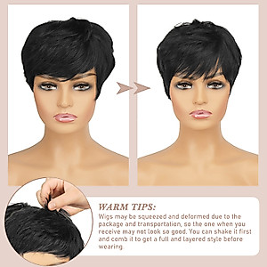 RUWISS Pixie Cut Wig Human Hair Wigs Human Hair Wig with Bangs Natural Short Black Wig Layered Wavy Different Style Short Wigs for Black Women (1B#)