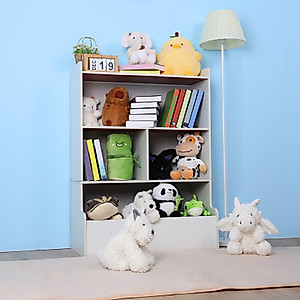 AMAMIA Kids Bookshelf, 4-Tier Storage Bookcase, Large Wooden Open Kids Bookshelf and Toy Storage for Playroom, Bedroom, Reading Nook, Toddler's Room, Nursery, White White