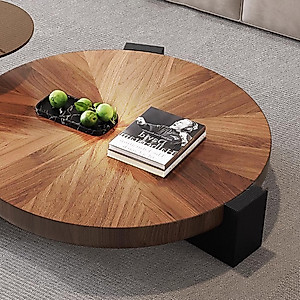 Round Coffee Table, 36in 2-Part Unique Modern Wooden Coffee Tables for Living Room Bedroom Coffee, Solid Wood Coffee Table Leg & Top, Brown Explosion-Proof Glass Small Top