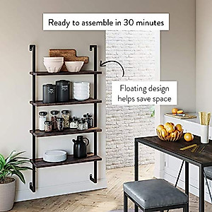 Nathan James Theo 4-Shelf Bookcase, Floating Wall Mount Shelves with Natural Wood and Industrial Pipe Metal Frame, Nutmeg/Black