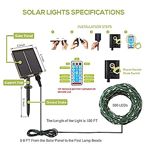 SUNILLUMA Outdoor Solar Fairy Lights - 300 LED 100FT Strong PVC Wire with 8 Functions by Remote, Waterproof, Warm White Lights and Green Wire, Great for Party, Garden and Holiday Decoration