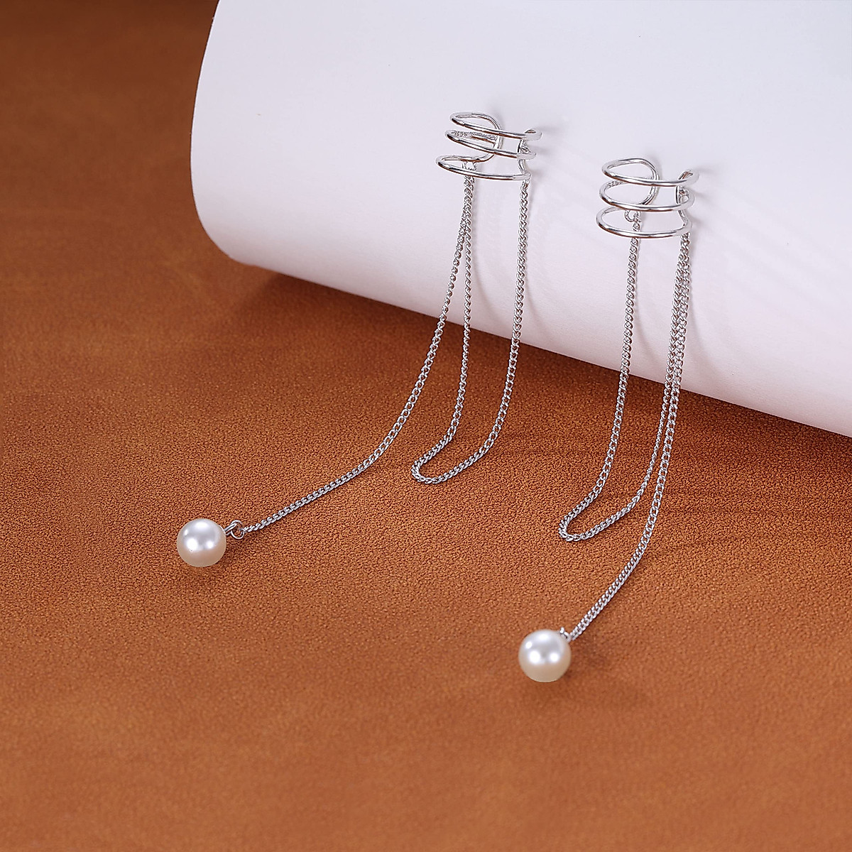 SLUYNZ 925 Sterling Silver No Piercing Cuff Earrings Chain for Women Wrap Earrings Pearl Tassel Clip On Ear (A-Silver1)