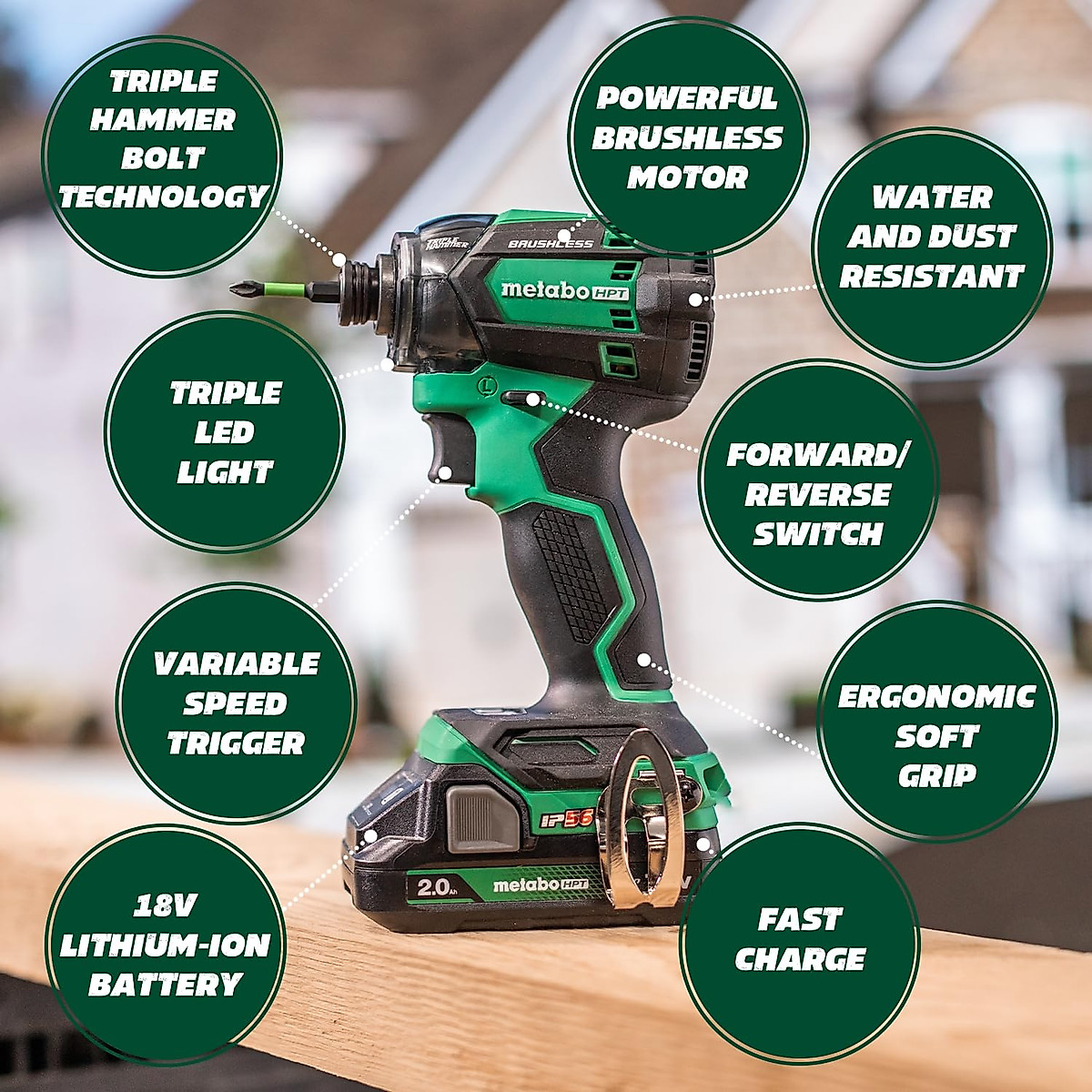 Metabo HPT 18V MultiVolt™ Cordless Triple Hammer BOLT Impact Driver Set, Power Impact Driver Kit with Case, 2 Lithium-Ion Batteries and Charger, 1/4-Inch Chuck, Compact LightWeight Power Tool, WH18DC