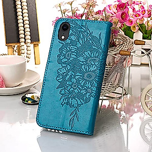 Phone Case for iPhone XR Wallet,Card Holder [Kickstand][Wrist Strap] Butterfly Floral Embossed for Women PU Leather Flip Protective Cover for iPhone XR Cases 2021 (Blue)