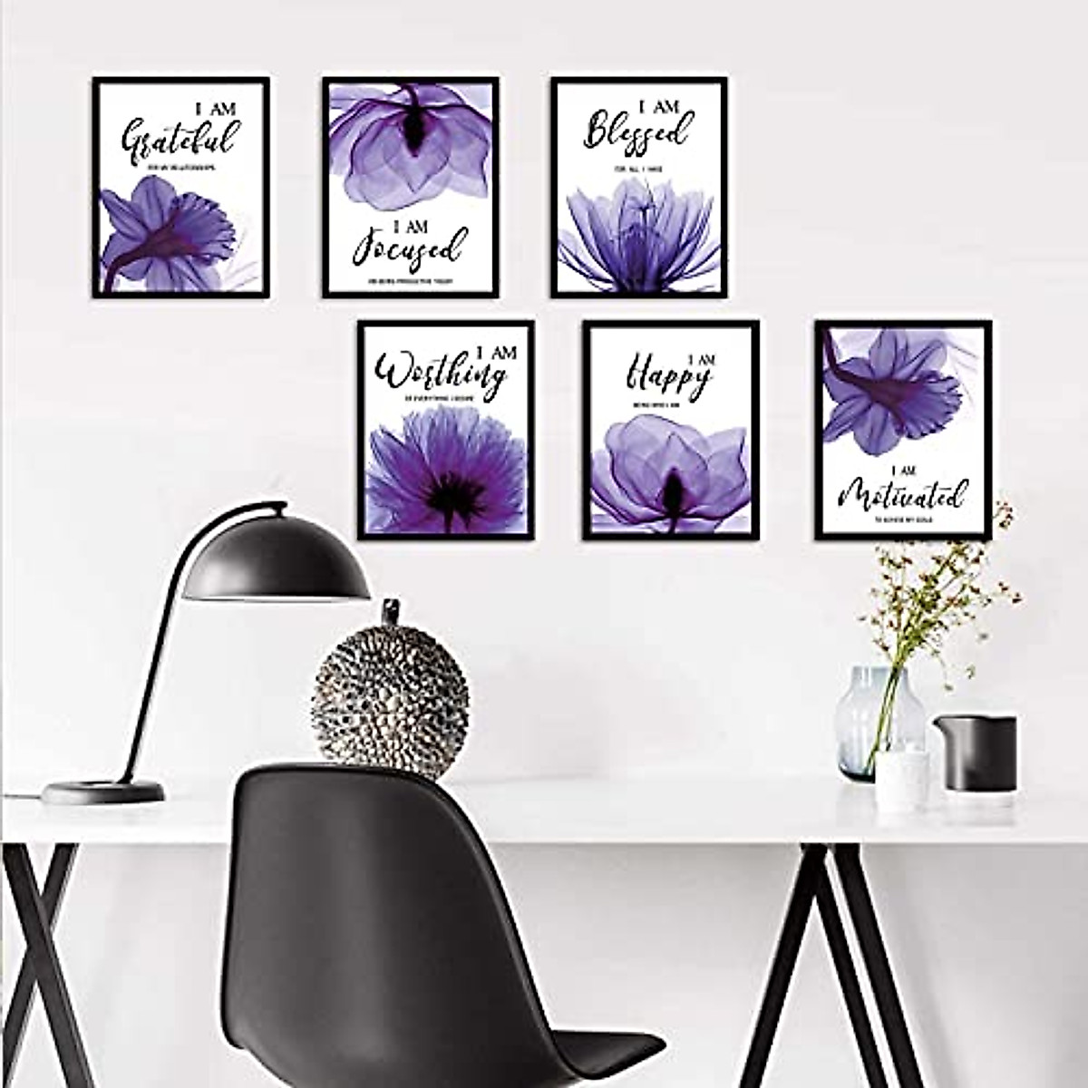 FWK Purple Elegant Tulip Inspirational Quotes Wall Decor Bathroom Wall Art Painting Spa Bathroom Woman Girl Bedroom Living Room Art Prints Set of 6 (8”X10” Canvas Picture) Home Decor Unframed