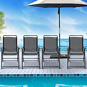 Safstar Patio Sling Chairs, Outdoor Folding Patio Chair Set w/Curved Armrest & High Backrest, Great for Garden Camping Yard Pool, Set of 4