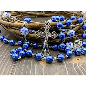 Nazareth Store Blue Pearl Beads Rosary White Flowers Beaded Necklace Lourdes Medal & Cross Crucifix