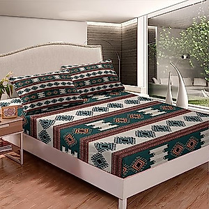 Western Decor Sheets King Size Southwestern Bed Sheet Set for Kids Boys Girls Cowboy Aztec Bed Sheets Women Men Teens Blue Brown Beige Native Indian Tribal Navajo Bedding Fitted Sheet Flat Sheets