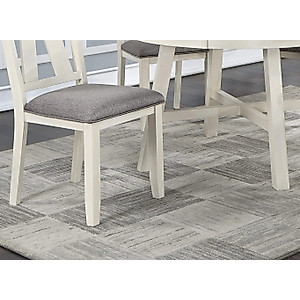 Dining Room Furniture 6pc Dining Set Table w Leaf and 4X Side Chairs 1x Bench Gray Fabric Cushion Seat White Clean Lines Wooden Table Top