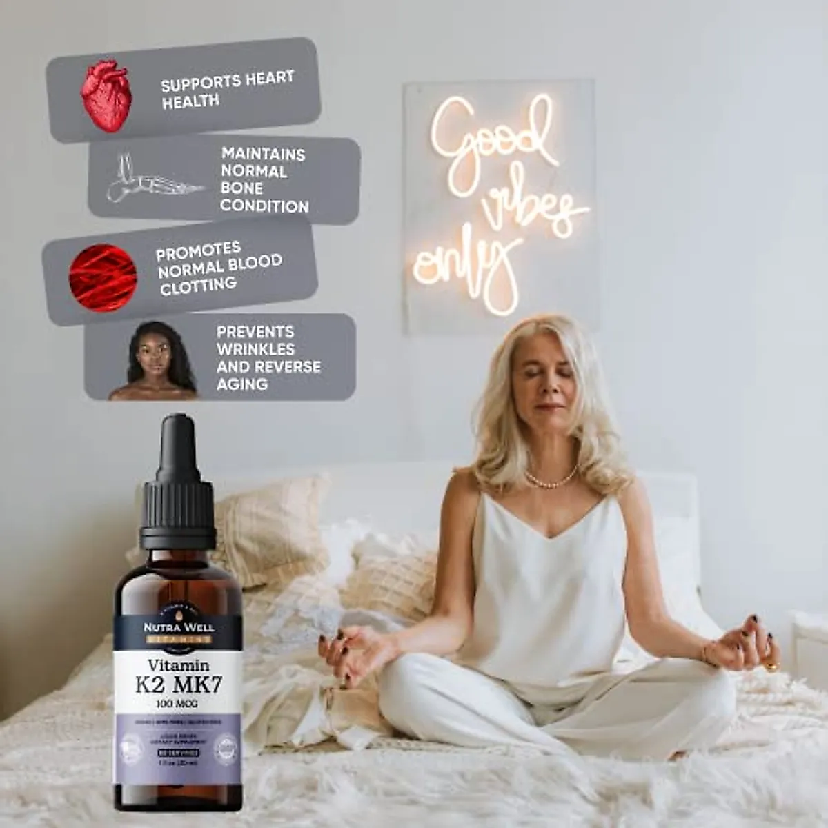 Vitamin K2 MK7 Liquid Drops - Concentrated Vitamin for Cardiovascular & Bone Density, Vegan, Non-GMO & Gluten Free, Fast Absorb, Unflavored (60 Servings, 1 oz, 100 mcg)