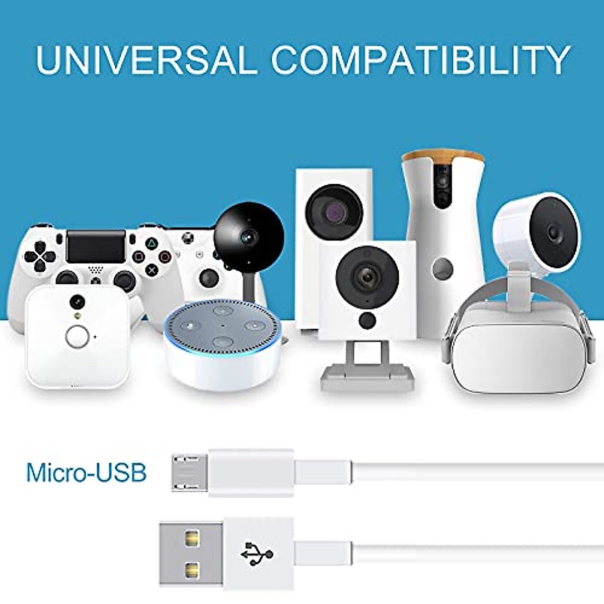 FASTSNAIL 16.4FT Power Extension Cable for WyzeCam/WyzeCam V3/ WyzeCam Pan/Wyze Cam Pan V2/ KasaCam/NestCam Indoor/Yi Cam,USB to Micro USB Charging and Data Sync Cord 2 Pack