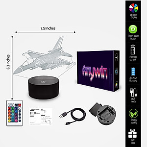 Anywin Warplane Night Lights,Kids Airplane 3D Night Light Bedside Lamp Fighter Toy Light 7 Colors Changing with Remote Control Best Christmas Gifts and Birthday Gifts for Boys Girls Kids Baby