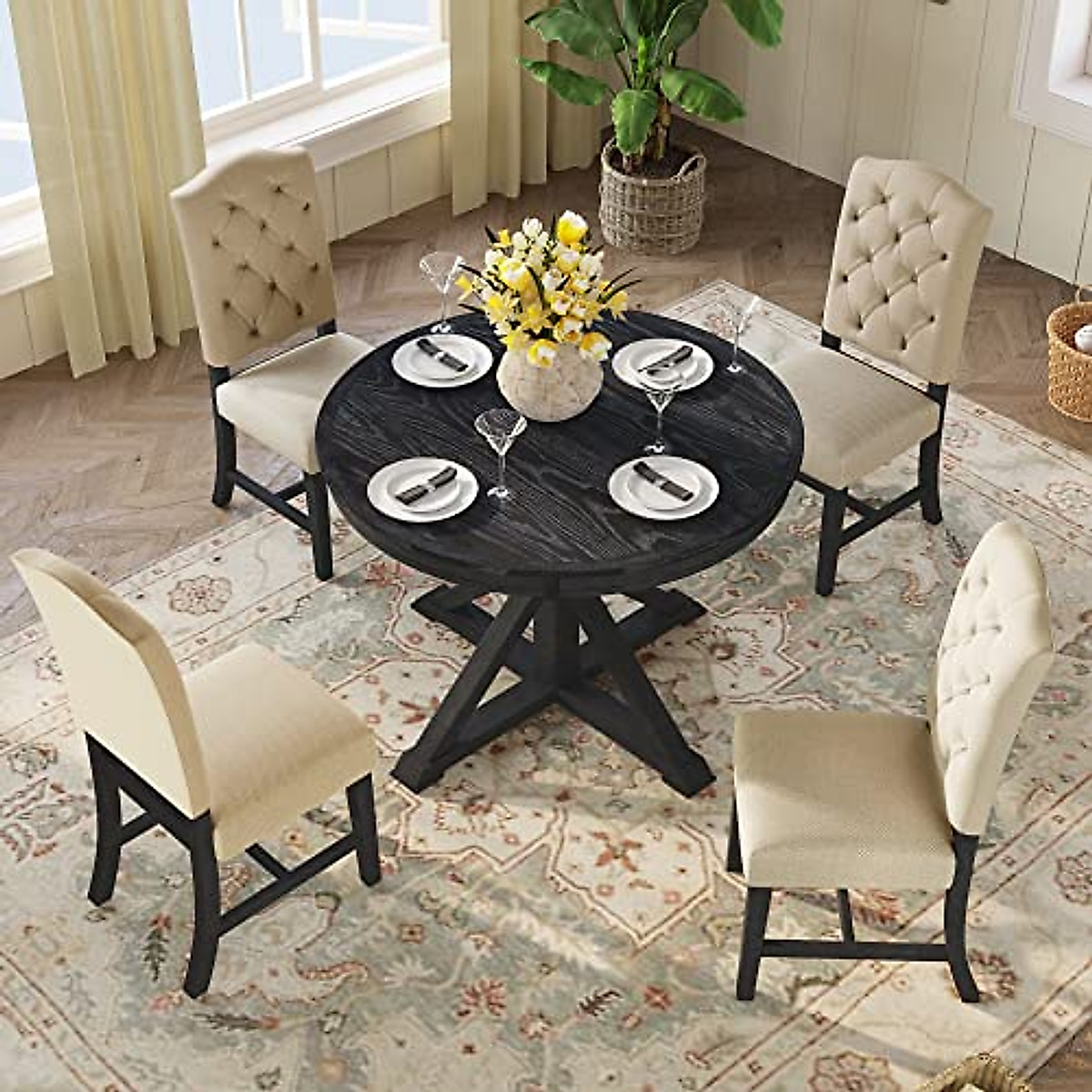 Dinehome 5-Piece Retro Style Wooden Extendable Round Dining Table Set with 4 Upholstered Chairs, Espresso