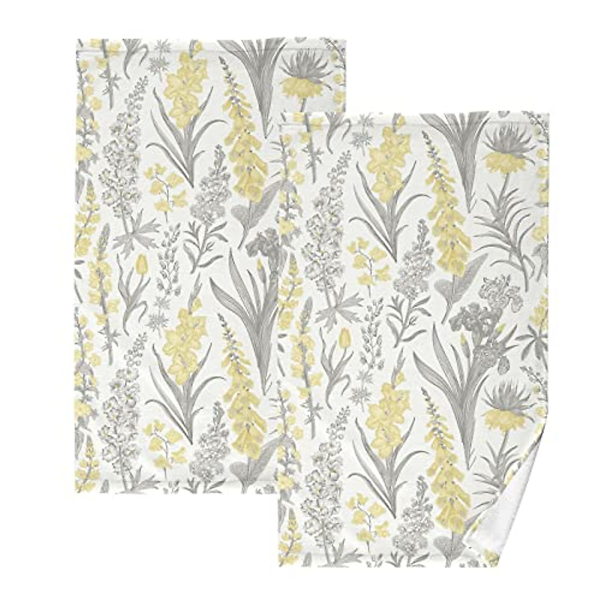 Jucciaco Vintage Yellow and Gray Flowers Towels for Bathroom Kitchen Spa Sports, Cotton Hand Towels Set of 2, 16x28 inch