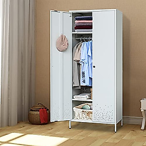 YEEZER Metal Wardrobe, Storage Cabinet with Hanging Rod，Armoire with Magnetic Door and 2 Freely Adjustable Shelves 74" H x 31.5" W x 20" D (White)