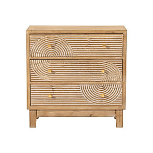 COZAYH 3-Drawer Farmhouse Dresser with Handicraft Wood Ring Motif, Set of 2 Fully Assembled Nightstand Wooden Finish for Boho, Mid-Century, Natural Wood, Rustic