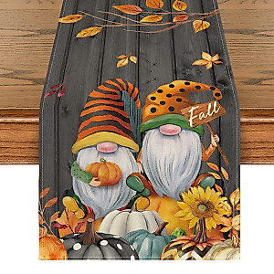 Artoid Mode Fall Gnomes Pumpkins Sunflower Maple Leaves Thanksgiving Table Runner, Seasonal Harvest Vintage Kitchen Dining Table Decoration for Indoor Outdoor Home Party Decor 13 x 72 Inch