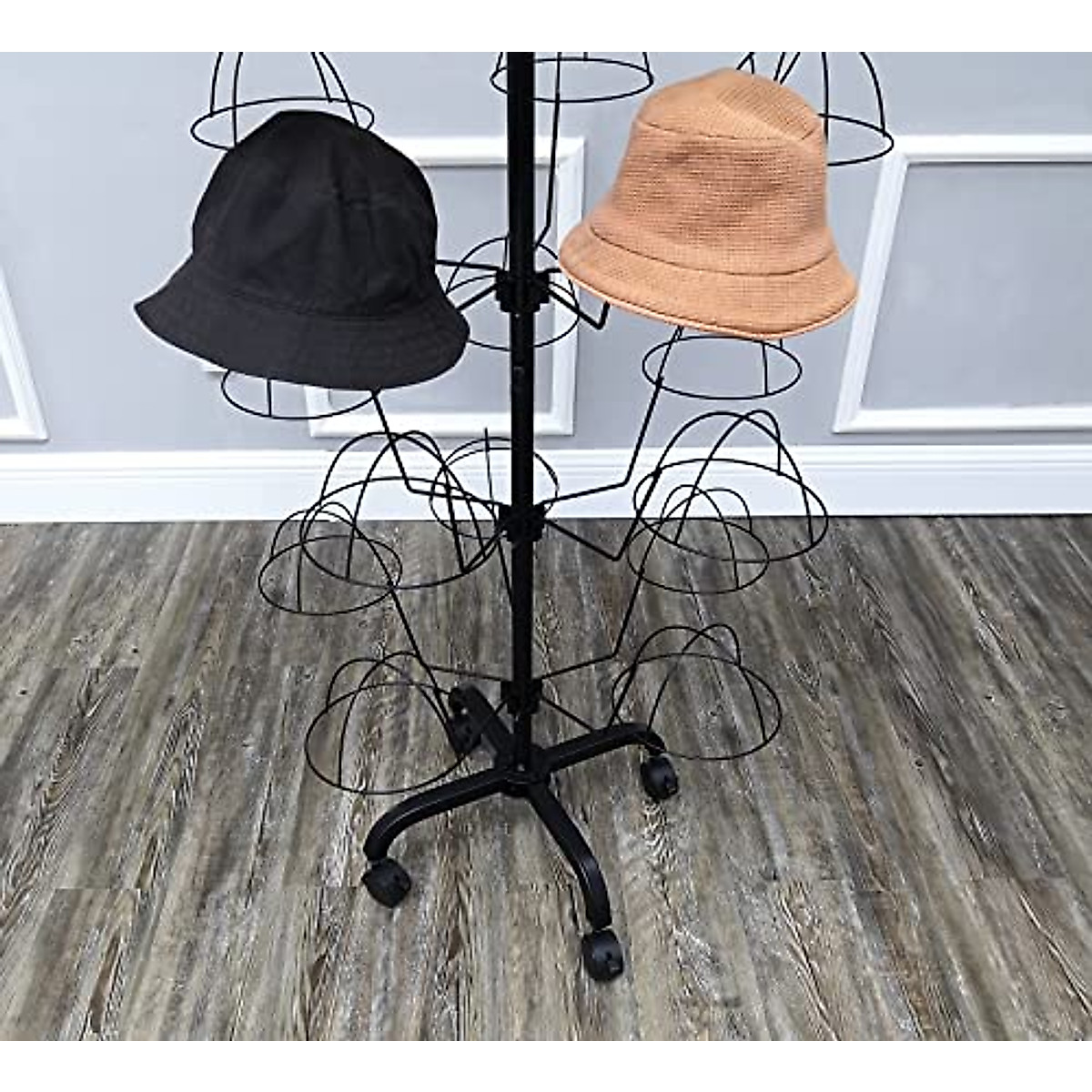 FixtureDisplays 6-Tier Hat Display Rack Free Standing Headwear Wig Rack Metal Floor Rack for Caps, Fits 30 Hats, 22" X 22" X 66" 18164-BLACK