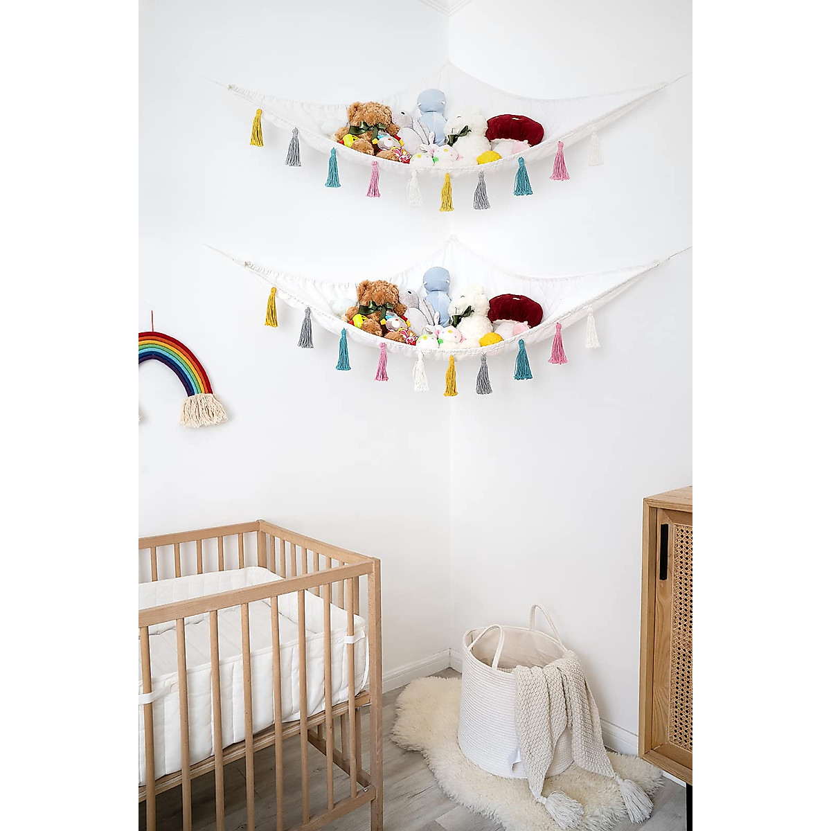 Mkono Stuffed Animal Toys Hammock Boho Hanging Stuff Animals Storage Organizer with Decorative Tassels Corner Large Capability Toy Net Holder for Nursery Playroom Kid's Room Bedroom, 2 Pieces, Large