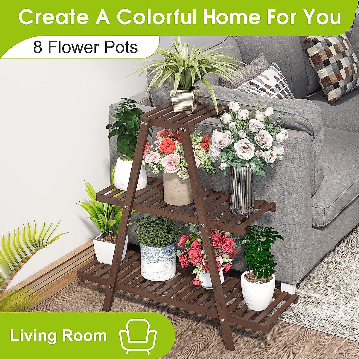 Bamboo Plant Stand For Indoor Outdoor Tiered Plant Shelf 3 Tier 8 Potted Flower Holder Ladder Plant Rack For Multiple Table Plant Pot Stand For Window Garden Balcony Living Room Patio Triangle Plant