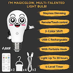 Neporal MagicGlow USB Rechargeable Light Bulbs with Remote, 3-Color Shift + 10%-100% Dimmable, Up to 20 Hours Battery Powered Light Bulb, 15W A19 LED Rechargeable Light Bulbs for Lamps with No Outlet