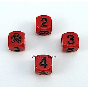 Skull and Cross Bones Dice D6 Opaque Red with Black Large Numbers 15.8mm (5/8in Aprox.) Set of 4 Koplow Games WKP18277E4
