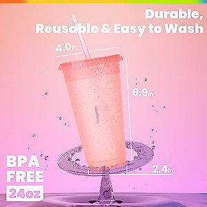 Cups with Lids and Straws for Adults - 5 Glitter Reusable Cups with Lids and Straws in Candy Colors, 24 oz Iced Coffee & Bulk Party Tumblers, Plastic Tumbler with Lid and Straw for Water & Smoothie