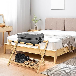 ALAPUR 2 Pack Bamboo Luggage Rack for Guest Room, Folding Luggage Holder with Storage Shelf , Suitcase Stand for Bedroom,Guest Room,Hotel