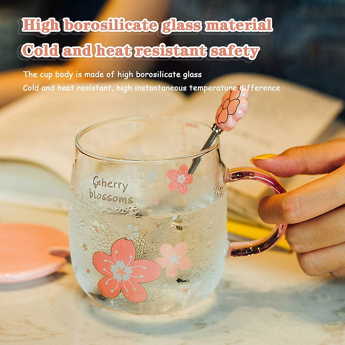 ZRAGEK Sakura Mug Creative Sakura Cup Coaster, Office Drinking Cup with Scale, Cute Heat Resistant Glass Mug with Lid Spoon, 17.6 oz Large Capacity(Big flower,17.6Oz)