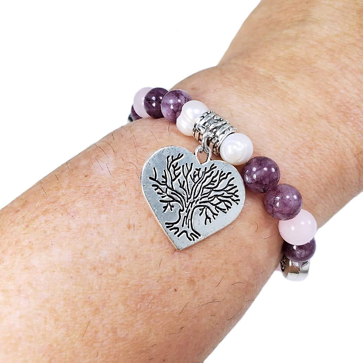 Tree of Life Heart Charm Bracelet with REAL Natural Stones Lepidolite & Rose Quartz & South Sea Pearl - Chakra Bracelet Anti-Stress Anti-Anxiety Gemstones Jewelry (lepidolite)